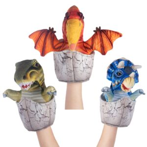 my oli 9.5”plush dinosaur hand puppet bundle 3 pack of stuffed dinosaur with egg for creative role play gift for kids toddlers birthday party favor supplies,imaginative play