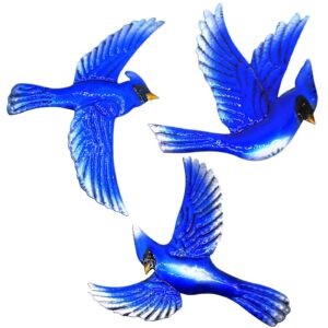 3pack blue metal bird wall art decor, wall sculpture hanging for christmas ornaments outdoor indoor home garden porch fence farmhouse living room bedroom kitchen, unique memorial gifts for mom