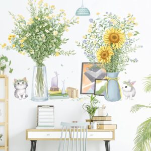 sunflower vase plants wall sticker cute cat rabbit decor, removable daisy flower green leaf wallpaper decals, auhoky garden potted diy art mural for living room bedroom kitchen nursery home decoration