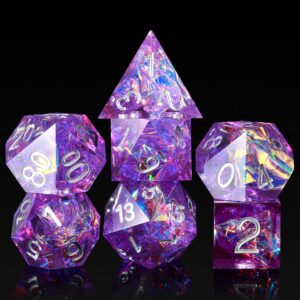 dndnd sharp edge dice set,handmade 7 piece dnd dice with gift case for dnd dungeons and dragon game (purple with silver number)