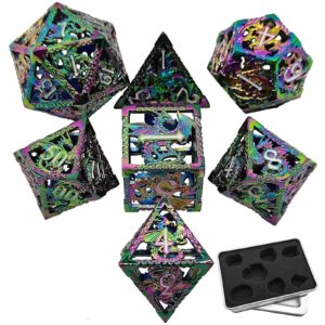 metal hollow dnd dice set d&d dungeons and dragons polyhedral 7-piece rpg mtg dice gift d20 d6 role playing pathfinderboard game accessories digital teaching metal box-gold