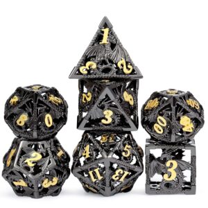 dragon hollow metal dnd dice set, dndnd 7 d&d die set with metal gift tin for dungeons & dragon game (black with gold number)