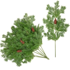 watayo 8 pcs large artificial pine needles branches- 16" x 7" christmas fake greenery pine picks with pinecone- faux pine leaves sprigs for christmas garland wreath & home garden decoration