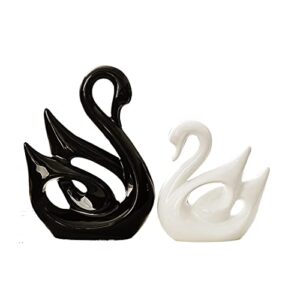 2 pieces swan sculpture decor swan table decorations elegant ceramic swan figurine swans for decoration statues for home decor living room shelves fireplace coffee table decor（white black couple swan）