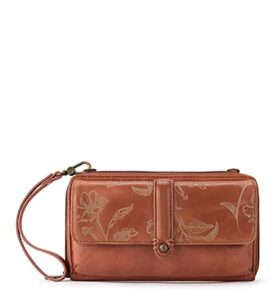 the sak sequoia leather smartphone flap crossbody, chestnut floral etch