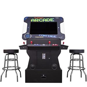 creative arcades full size commercial grade cocktail arcade machine w/riser | 2 player | 3500 games | 32" lcd lifting screen | led | 4 sanwa joysticks | trackball | 2 stools | 3 year warranty