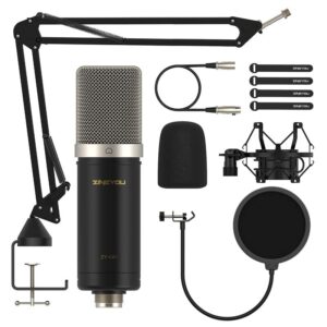 xlr condenser microphone, zingyou professional studio mic kit for record, podcast, streaming, youtube, voiceover, vocal, with boom arm, shock mount, pop filter, windscreen and cable ties, ca1 (nickel)