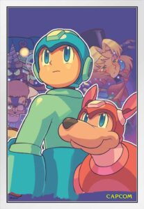 mega man rush dog video game video gamer classic retro vintage 90s gaming megaman capcom legacy collection megaman 11 mega man x dr wily white wood framed poster 14x20