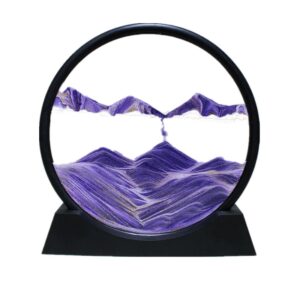 anxus moving sand art picture in motion round glass 3d deep sea sandscape display flowing sand frame, sensory relaxing desktop home office work desk decor(7", purple)