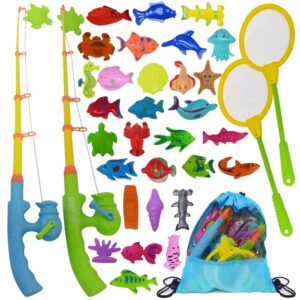 artcreativity fishing toys set for toddlers, magnetic fishing set with rods, nets, bag, and 30 aquatic toys, interactive fishing game for kids, swimming pool, bath toys for kids, boys and girls