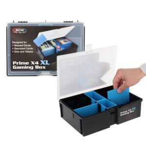 bcw prime x4 xl gaming box | playing card storage box for decks and game accessories, includes removable dividers and dice trays | trading card storage box for gaming | pokemon, mtg, naruto cards