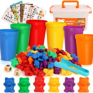 counting bears with matching sorting cups,rainbow bear counters with activity cards and storage box,montessori educational counting and sorting toys,fun math manipulative for preschool learning