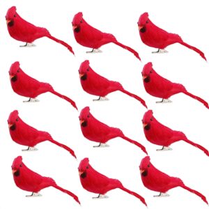 firlar 12 pcs artificial cardinal bird with clip, 5.5 inch simulated foam bird christmas cardinal birds red-billed ornaments for wedding decoration home garden establishment party accessories