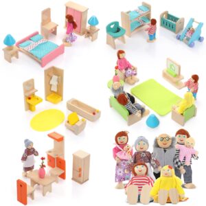 wooden dollhouse furniture doll house furnishings with 8 pieces winning doll family set, dollhouse accessories for miniature dollhouse, family figures imaginative play toy (cute style)