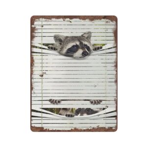 dreacoss raccoon climbing window retro tin sign raccoon lovers gift funny tin sign for home bedroom bathroom garden office lounge craft room home decor birthday anniversary housewarming gift 8x5.5 in