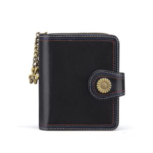 cnoles small genuine leather wallets for women small bifold purse zipper pocket wallet with id window black