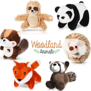 threan 6 pcs woodland animal jungle animal 4 inch small plush toy forest safari stuffed animals set, panda, raccoon, sloth, big tail squirrel, fox, hedgehog animals for kids student award