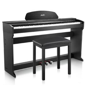 moukey mdp-350 88-key semi weighted piano action digital beginner keyboard with furniture stand & piano stool, triple pedals, power supply, black