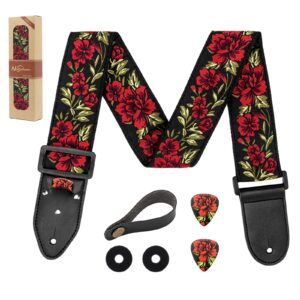 adjustable guitar strap for electric/acoustic guitar/bass, includes 2 picks + strap locks + strap button, cotton jacquard embroidered genuine leather ends guitar straps with 1 pick holder, rose