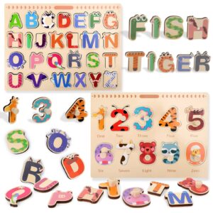 aomola wooden puzzles for toddlers,alphabet abc puzzle numbers puzzle set,kids educational preschool pegged puzzles,learning toys gift for 3 year old and up boys and girls