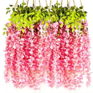 shitime 12 pack 43" artificial flower wisteria hanging flowers, vine ratta garlands for home party wedding garden outdoor office wall decoration. (pink)