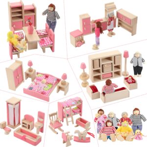 wooden dollhouse furniture doll house furnishings with 8 pieces winning doll family set, dollhouse accessories for miniature dollhouse, family figures imaginative play toy (lovely style)