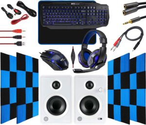 ritzgear blue gaming accessories kit i 4-in-1 led combo with multimedia keyboard, optical mouse, mouse pad & headset with adapter with cr3-x white monitors and 24 pack acoustic soundproof wedge panels