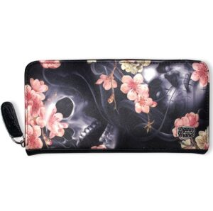 liquorbrand sakura skulls and pink flowers zip around wallet | dia de los muertos