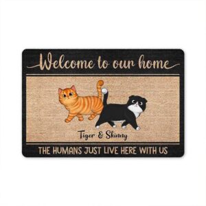 hhld doormat the humans live here with cats personalized doormat, home decor, cat rug, cat decor for cat lovers, cats outdoor garden decor, decor indoor/outdoor area rug