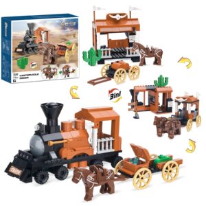 3in1 train horse carriage building kit, horse stable and animal horses, inn and carriage with horn decoration, creative western cowboy themed gifts for boys ages 6 years and up, 212 pcs