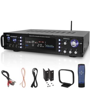 pyle wireless bluetooth home stereo amplifier- hybrid multi-channel, 3000w power amplifier, home audio receiver system w/ am/fm radio,mp3,usb, aux, rca, karaoke mic in, rack mount, remote- p3301bat.5