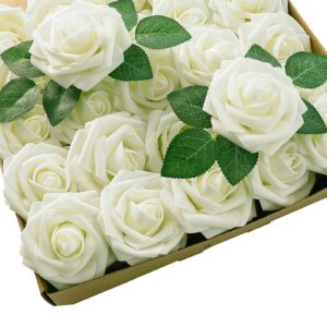 mellamo artificial flowers fake ivory roses 50 pcs w/stem fake rose flower heads for valentine's daybouquets for wedding pink decorations centerpieces arrangements party home garden decor (ivory)