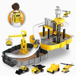 siairo construction race car toy for kids - construction race truck with crane, helicopter, bulldozer, excavator toy backpack for 3 4 5 year old boys & toddlers