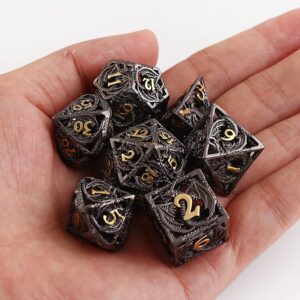 hollow metal d&d dice set with gift box, dnd role playing game d20 d12 d10 d8 d6 d4 polyhedral dice set for dungeons and dragons pathfinder shadowrun math teaching rpg, black gold