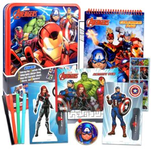 marvel shop avengers coloring activity tin set deluxe tin container filled with avengers artwork hardcover storybook, activity and coloring book, stickers and more (marvel superhero party supplies)