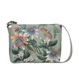 anuschka women’s genuine leather medium flap crossbody handbag - hand painted exterior - floral passion