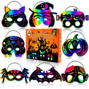 natonhi 32pcs halloween crafts for kids rainbow scratch mask, halloween games scratch art and craft kit halloween classroom activities favors party supplies