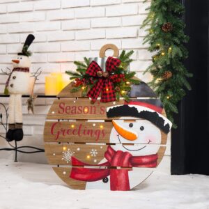 glitzhome lighted outdoor christmas wooden porch sign with timer 6 hours on /18 hours off,12led lights christmas snowman porch sign for outside decor "season's greetings" with display leg & hang hole