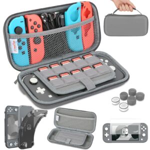 heystop compatible with switch lite carrying case, switch lite case with soft tpu protective case games card 6 thumb grip caps for nintendo switch lite accessories kit(grey)