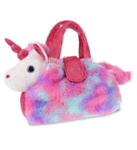 dollibu cotton candy pink unicorn plush toy pet carrier - cute unicorn stuffed animal pet purse for girls, removable sparkly white unicorn plush toy in fluffy pink handbag for dress up, pretend play