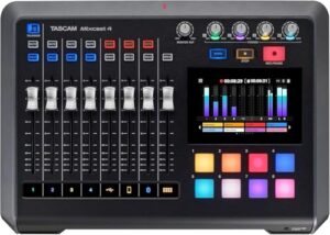 tascam mixcast 4 podcast streaming mixer, recorder, and usb audio interface — four xlr/trs mic inputs, touch screen and editing software included