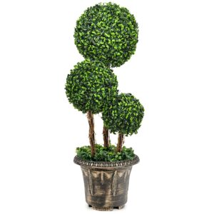 goplus 2.5 ft artificial boxwood topiary tree, fake greenery plants triple ball tree, leaves & cement-filled plastic flower pot decorative trees for home, office, indoor and outdoor use