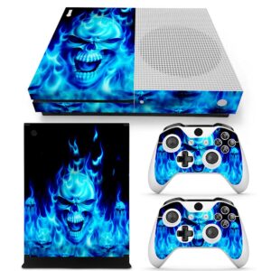 whole body protective vinyl skin decal cover for microsoft xbox one slim console, xbox one s skins wrap sticker with two free wireless controller decals - blue flame skull