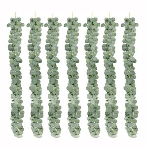 roxxy green decor - artificial eucalyptus garland (7pcs 42ft) - greenery bulk vines faux silver dollar eucalyptus leaves strands for wedding, party, garden, home and wall decoration