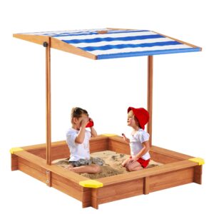 kids sandbox with cover, 46.5" wooden sand box w/adjustable canopy, large outdoor cedar sandpit for backyard play