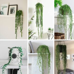 roxxy green decor artificial string of pearls plant - 3 pack faux fake hanging succulent pearl plants for home, kitchen, office, wedding, garden or craft art decor