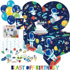 serves 24 ultimate outer space party supplies 9" plates 7" plates 24 cups 2 table cover 24 napkins 24 straws 1 blast off birthday banner 14 swirls 12 photo props cake topper 30 balloons 12 candles