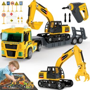 188 pcs take apart excavator and flatbed tractor truck construction toys - diy building vehicle playset toy w/drill, lights & sounds for kids, boys and girls ages 5 6 7 8 years old