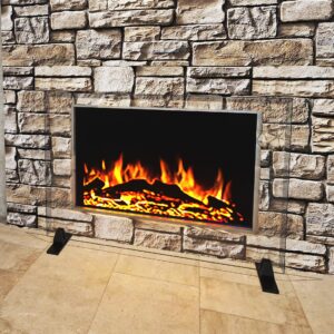 premium tempered glass fireplace screen with exclusive beveled edge | 29" h x 39" w glass (30” h installed) | clear glass, metal black base | the ultimate in home elegance by clearly innovative