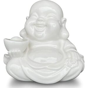 houlu small laughing buddha statue for good luck, ceramic white lucky happy buddha figurine for home decor, office decor, garden decor, indoor/outdoor